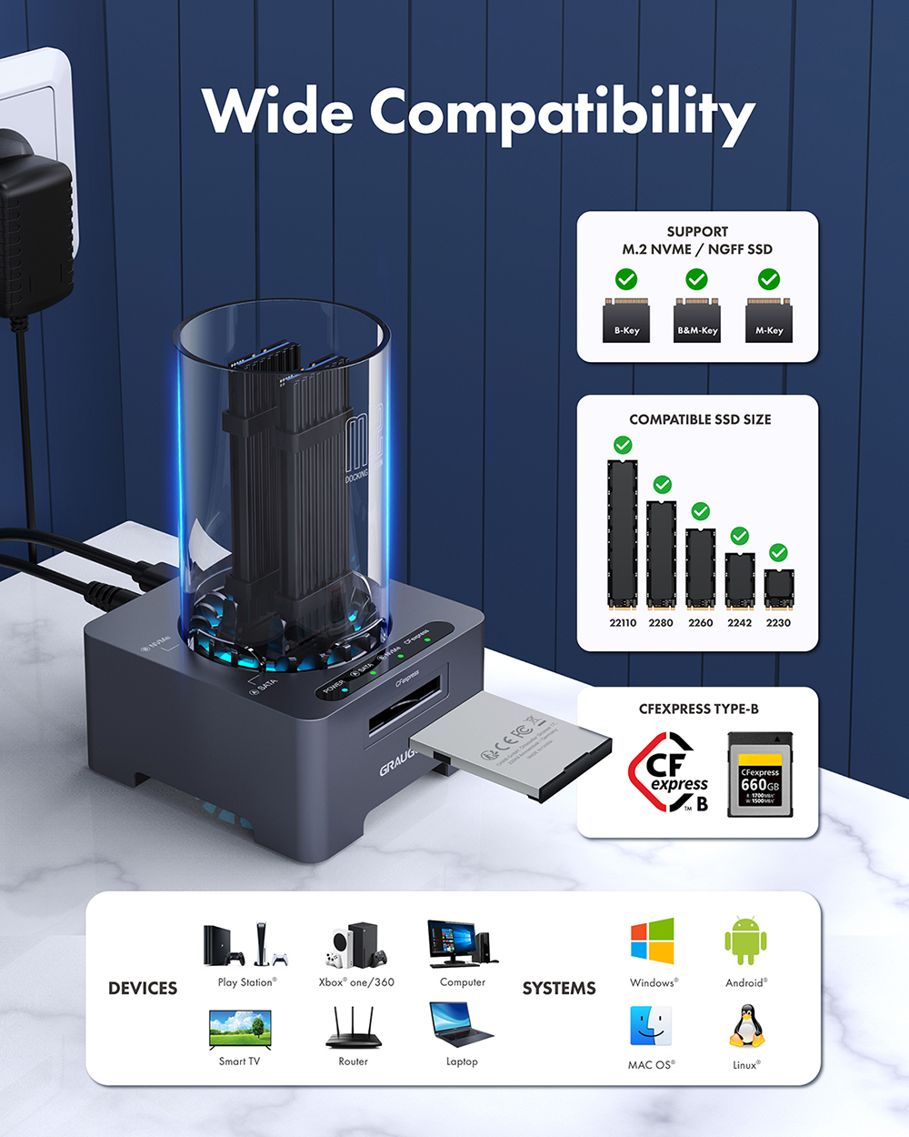 Docking Station for M.2 NVMe / NGFF SSD / CFexpress Card Reader - GRAUGEAR
