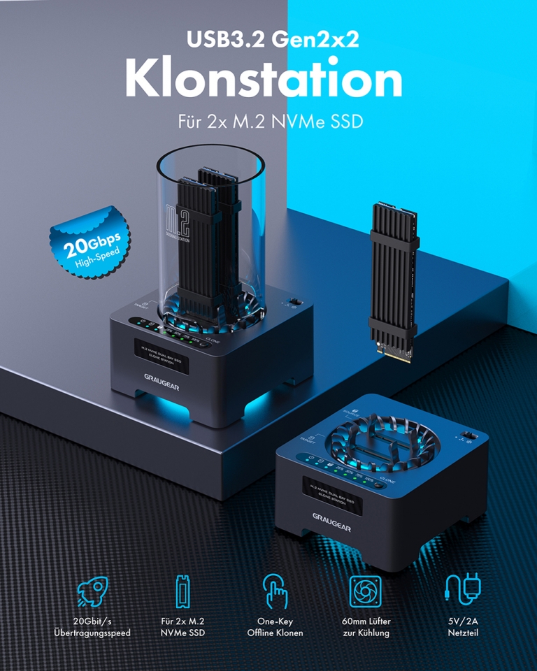 USB3.2 Gen2x2 Clone Station for 2x M.2 NVMe SSD - GRAUGEAR