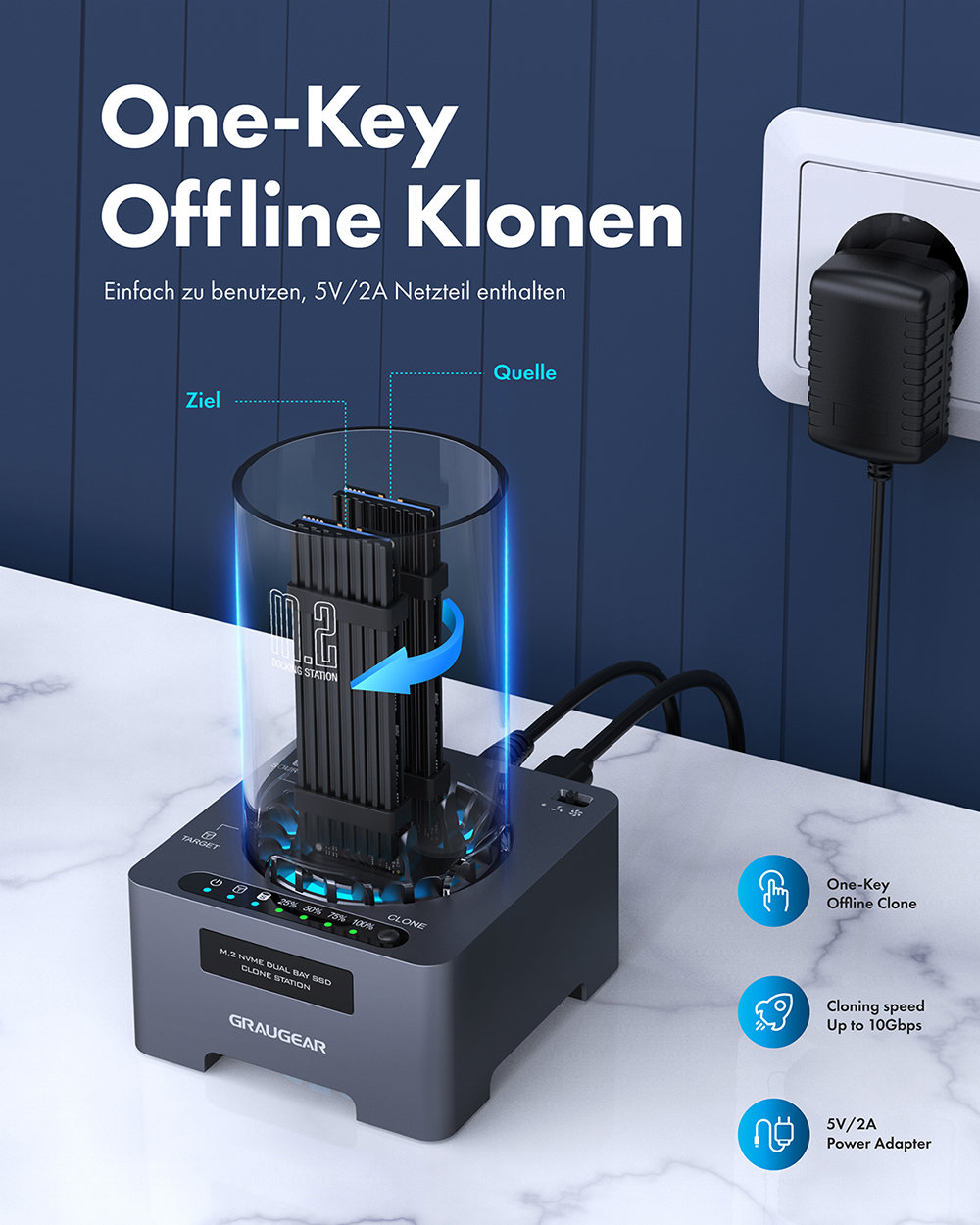 USB3.2 Gen2x2 Klonstation für 2x M.2 NVMe SSD - GRAUGEAR