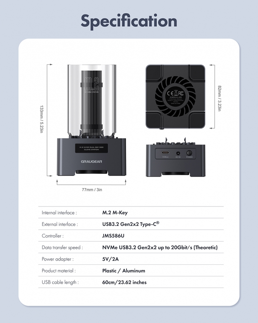 USB3.2 Gen2x2 Clone Station for 2x M.2 NVMe SSD - GRAUGEAR
